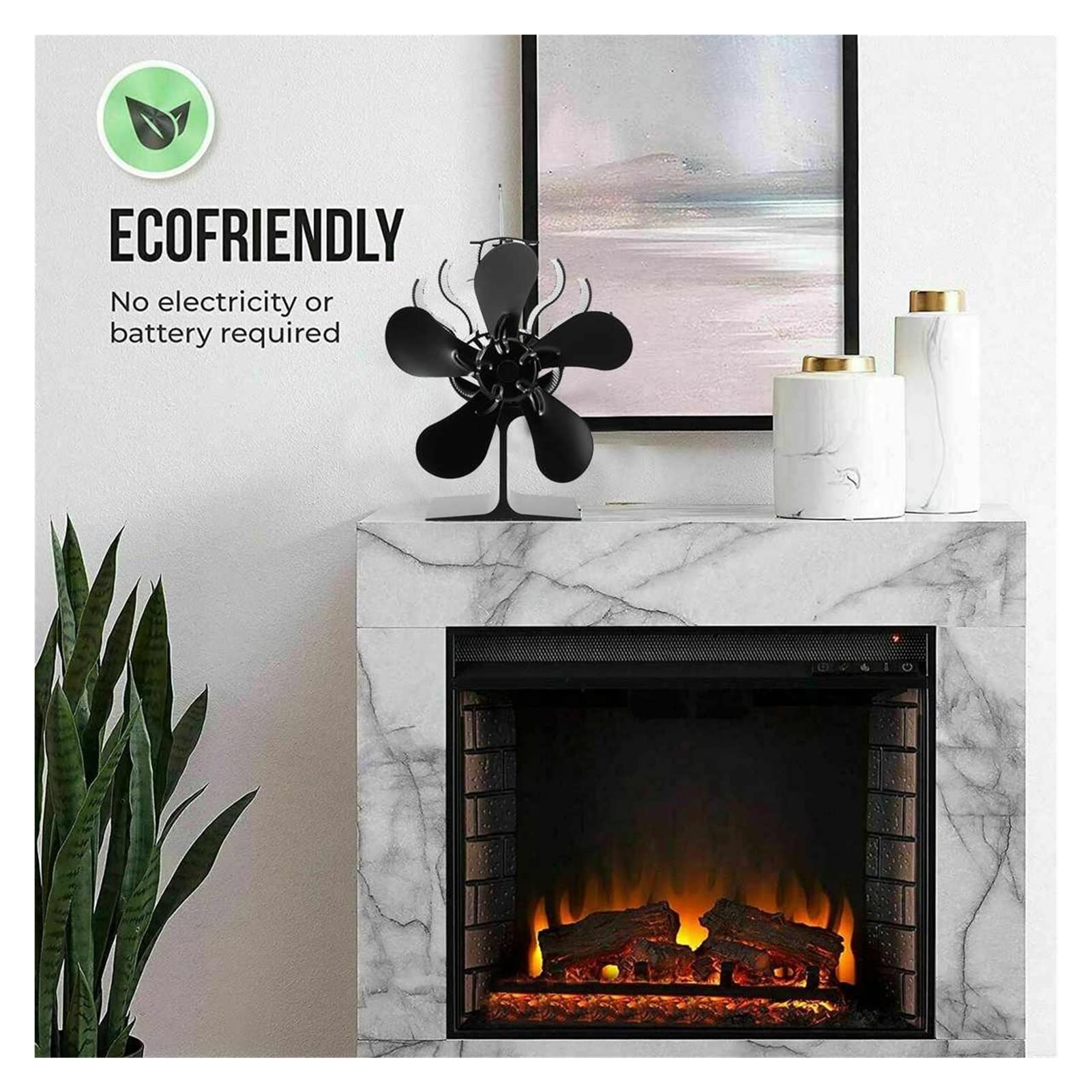 5- Stove Fireplace Fan High Effecient Heat Powered Log Wood Burner Stove Fan Eco-Fan Quiet Heat Distribution (Color : Black)
