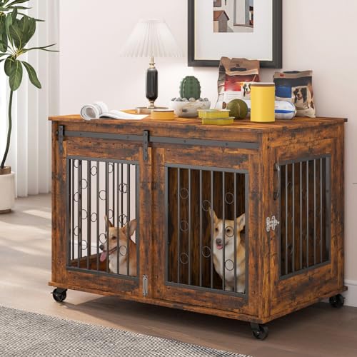 Rophefx Dog Crate Furniture with Sliding Door, Dog Kennel Indoor with Partition for Two Puppies, Dog Cage with Flip-up Top and Wheels, Chew-Resistant Wooden Double Dog Crate, Brown