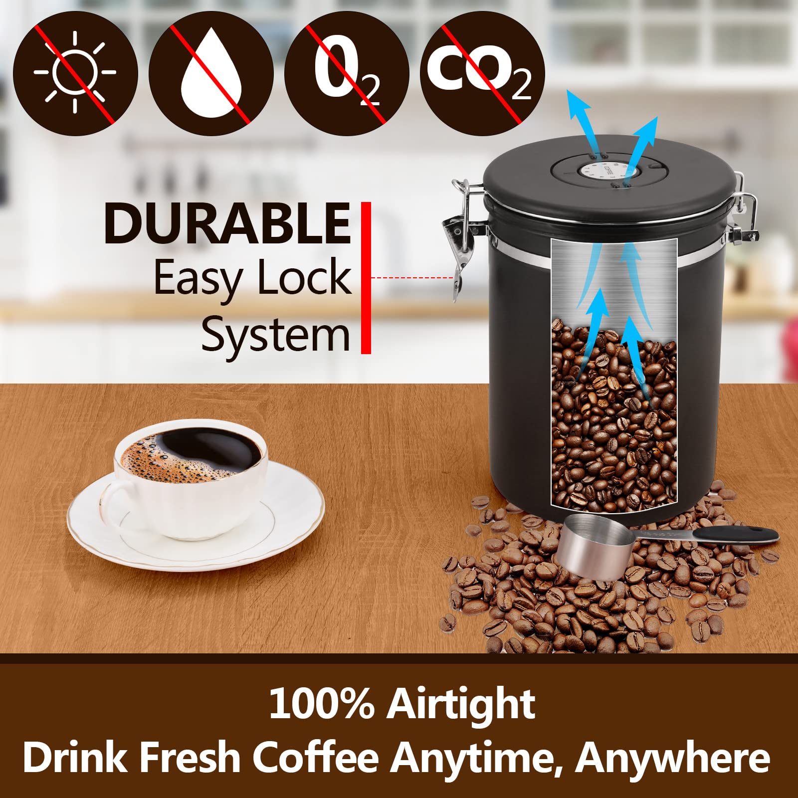 ZWOOS 2 lbs Coffee Canister for Ground Coffee, Coffee Bean Containers, Coffee Storage Airtight Canister with Scoop, Black, 2800 ml