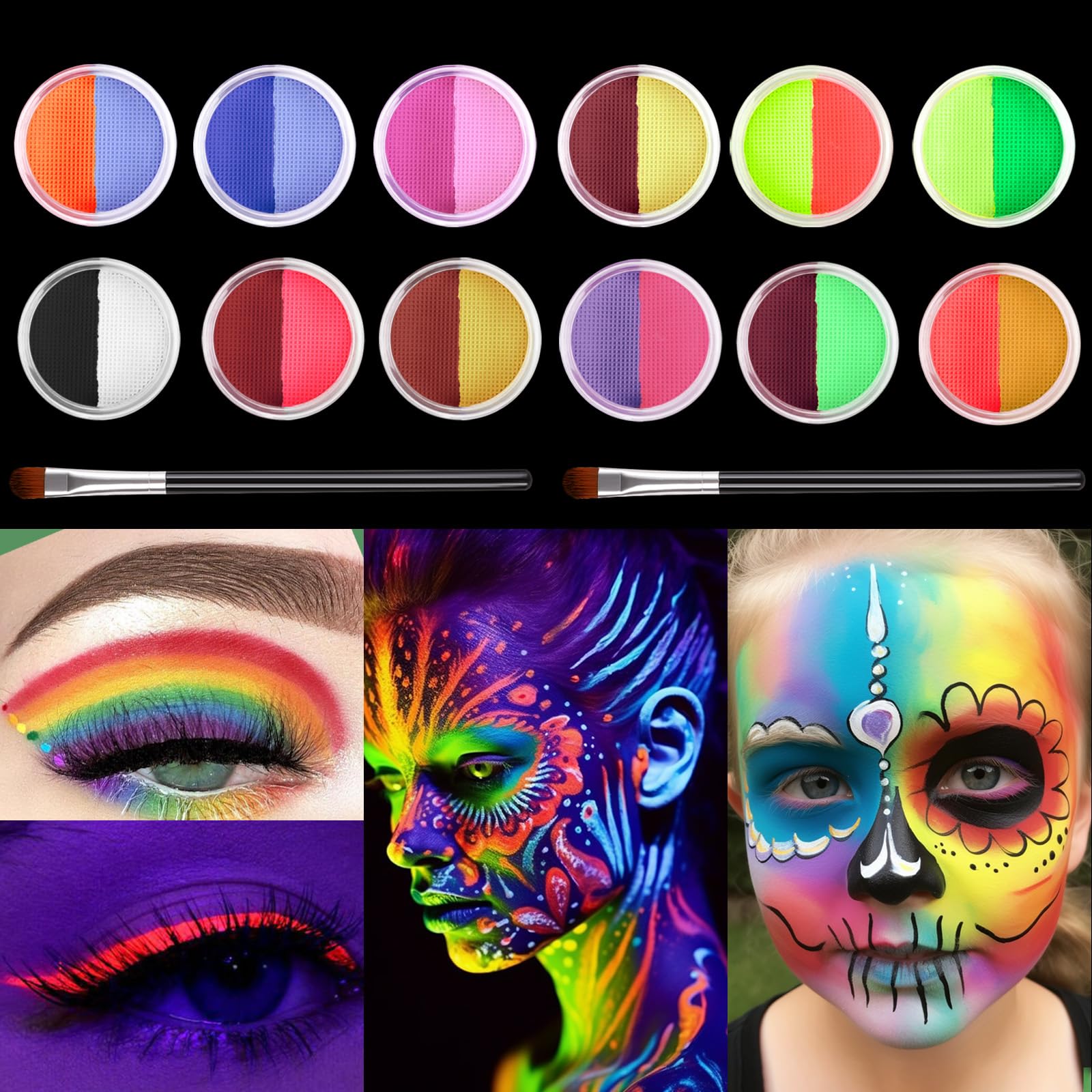 24 Colors Face & Body Paint with 2 Brushes UV Blacklight Neon Rainbow Face Painting Kit for Kids Adult Water Activated Graphic Eyeliner Glow In The Dark for Halloween, Cosplay, Parties & Stage Makeup