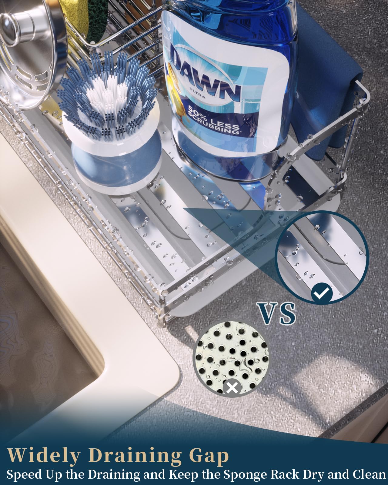 Consumest Sink Caddy, 5-in-1 Sponge Holder Kitchen Sink Caddy Organizer with Removable Drain Tray for Countertop, 304 Stainless Steel Soap Sponge and Dish Brush Holder - Silver (8.43×4.49×4.49 inches)