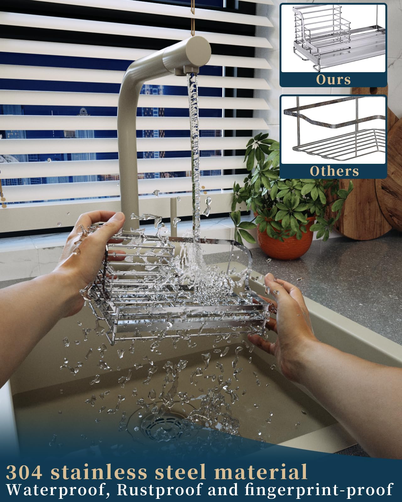 Consumest Sink Caddy, 5-in-1 Sponge Holder Kitchen Sink Caddy Organizer with Removable Drain Tray for Countertop, 304 Stainless Steel Soap Sponge and Dish Brush Holder - Silver (8.43×4.49×4.49 inches)