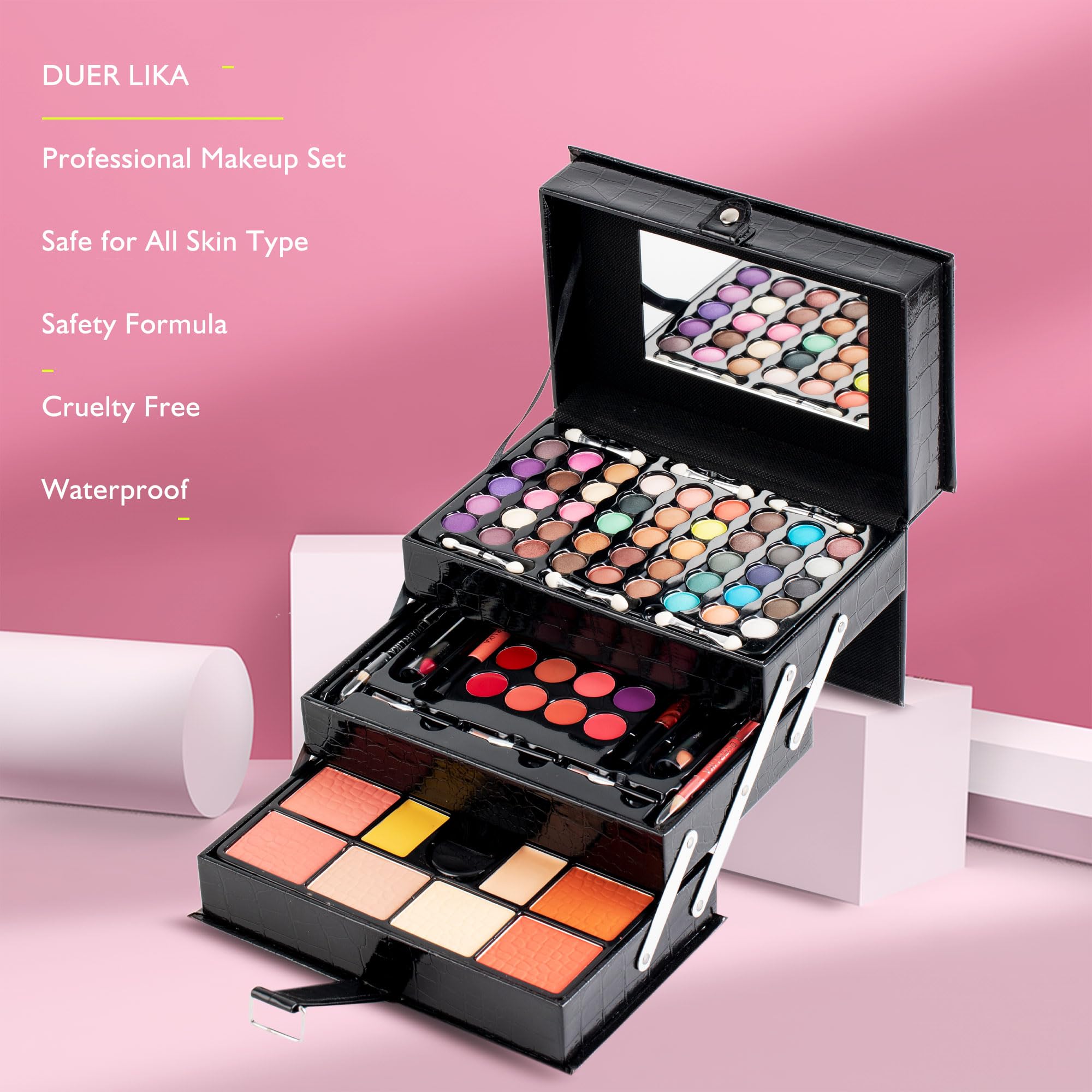 Maùve Professional Leather Train Case with Mirror Makeup Kit (Eyeshadow, Blushes, Powder, Lipstick & More) Holiday Exclusive MU12 (BLACK)
