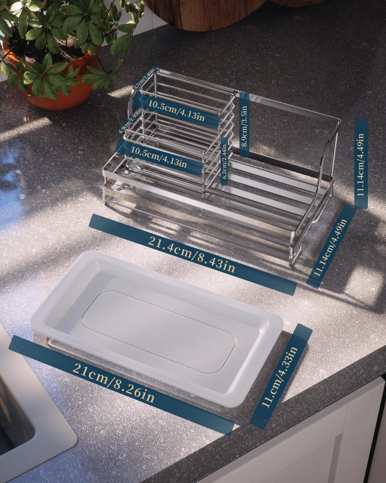 Consumest Sink Caddy, 5-in-1 Sponge Holder Kitchen Sink Caddy Organizer with Removable Drain Tray for Countertop, 304 Stainless Steel Soap Sponge and Dish Brush Holder - Silver (8.43×4.49×4.49 inches)