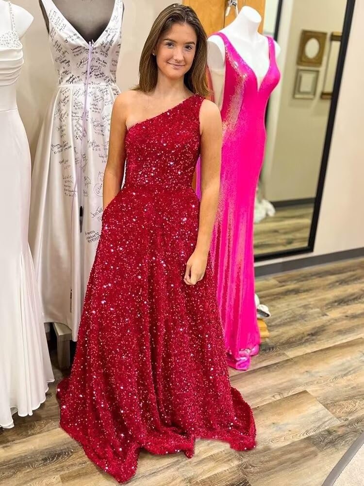 Changuan Sequin Prom Dresses for Women 2025 One Shoulder Sparkly Ball Gown A-Line Plus Size Formal Evening Wedding Party Gowns 18 Hot Pink