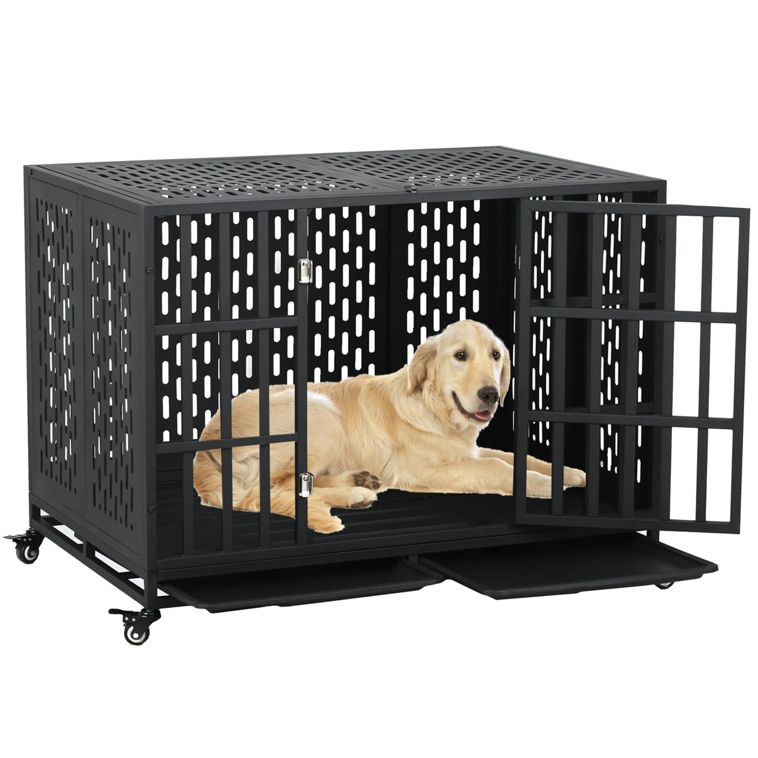 Heavy Duty Dog Crate, 44" Indestructible Metal Dog Kennel, Indestructible Pet Cage for High Anxiety Large Dogs with Sturdy Door Lock and Removable Trays