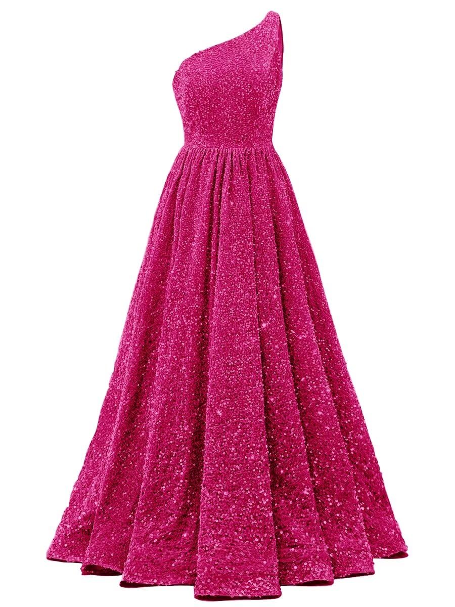 Changuan Sequin Prom Dresses for Women 2025 One Shoulder Sparkly Ball Gown A-Line Plus Size Formal Evening Wedding Party Gowns 18 Hot Pink