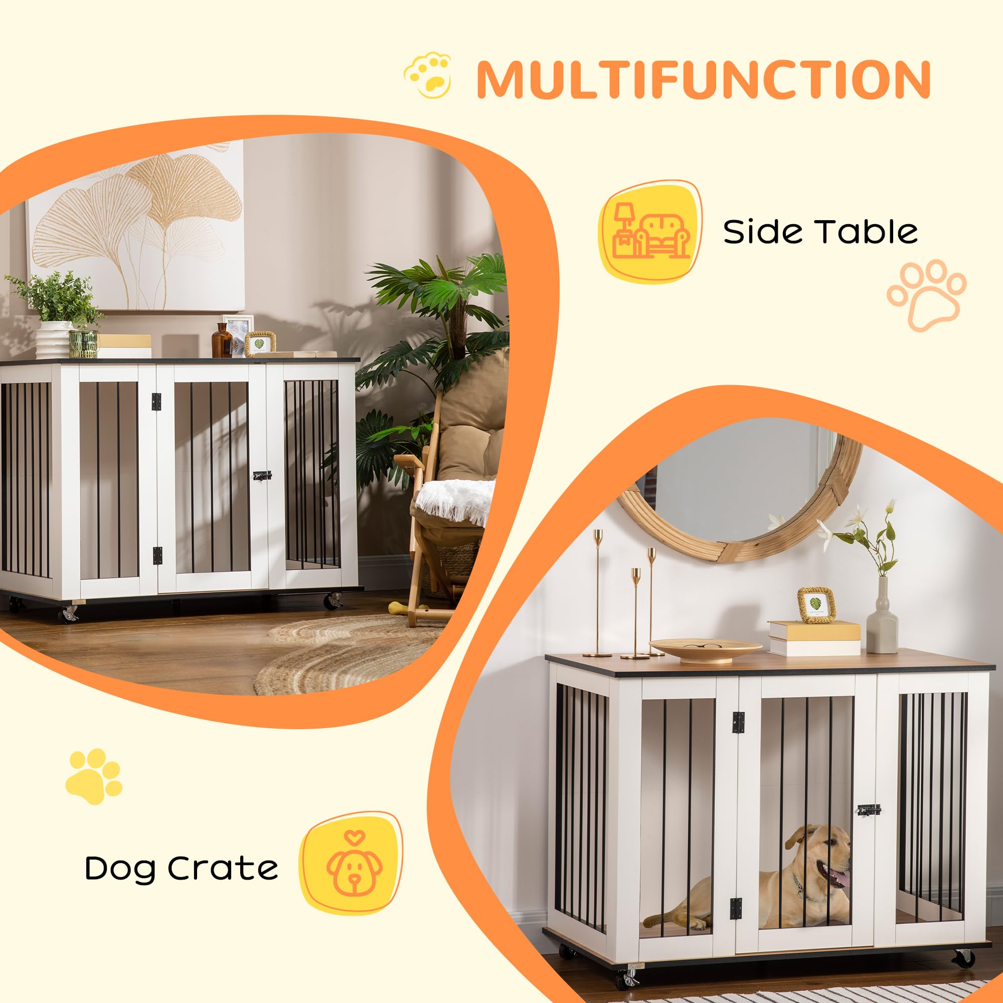 PawHut Large Dog Crate Furniture on Wheels, Dog Crate End Table Indoor with Lockable Door for Large Dogs, 42" W x 23.5" D x 32" H, White