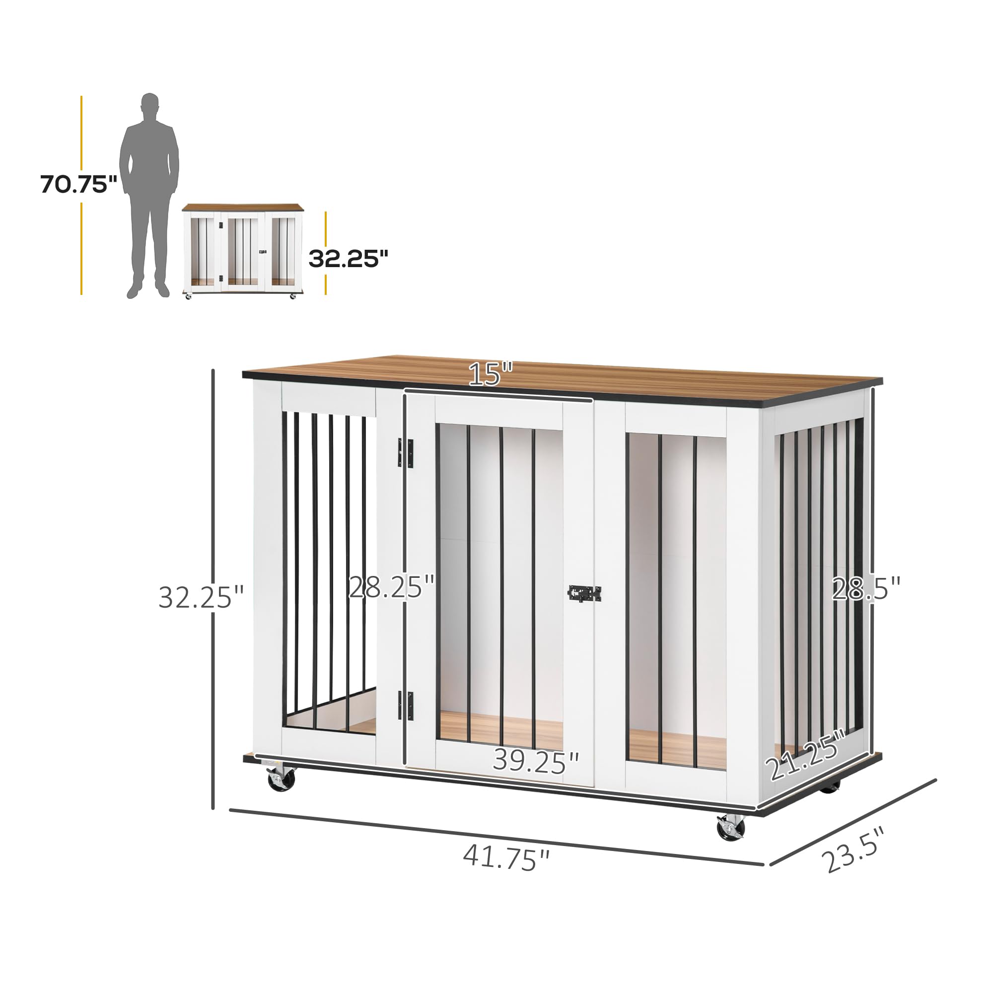 PawHut Large Dog Crate Furniture on Wheels, Dog Crate End Table Indoor with Lockable Door for Large Dogs, 42" W x 23.5" D x 32" H, White