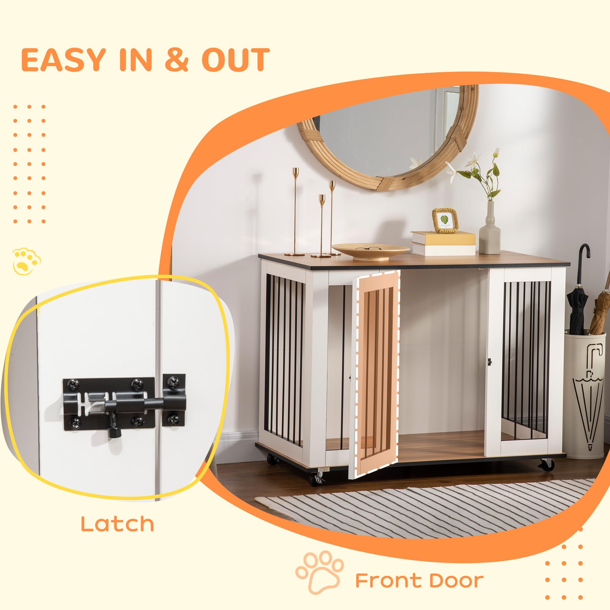 PawHut Large Dog Crate Furniture on Wheels, Dog Crate End Table Indoor with Lockable Door for Large Dogs, 42" W x 23.5" D x 32" H, White
