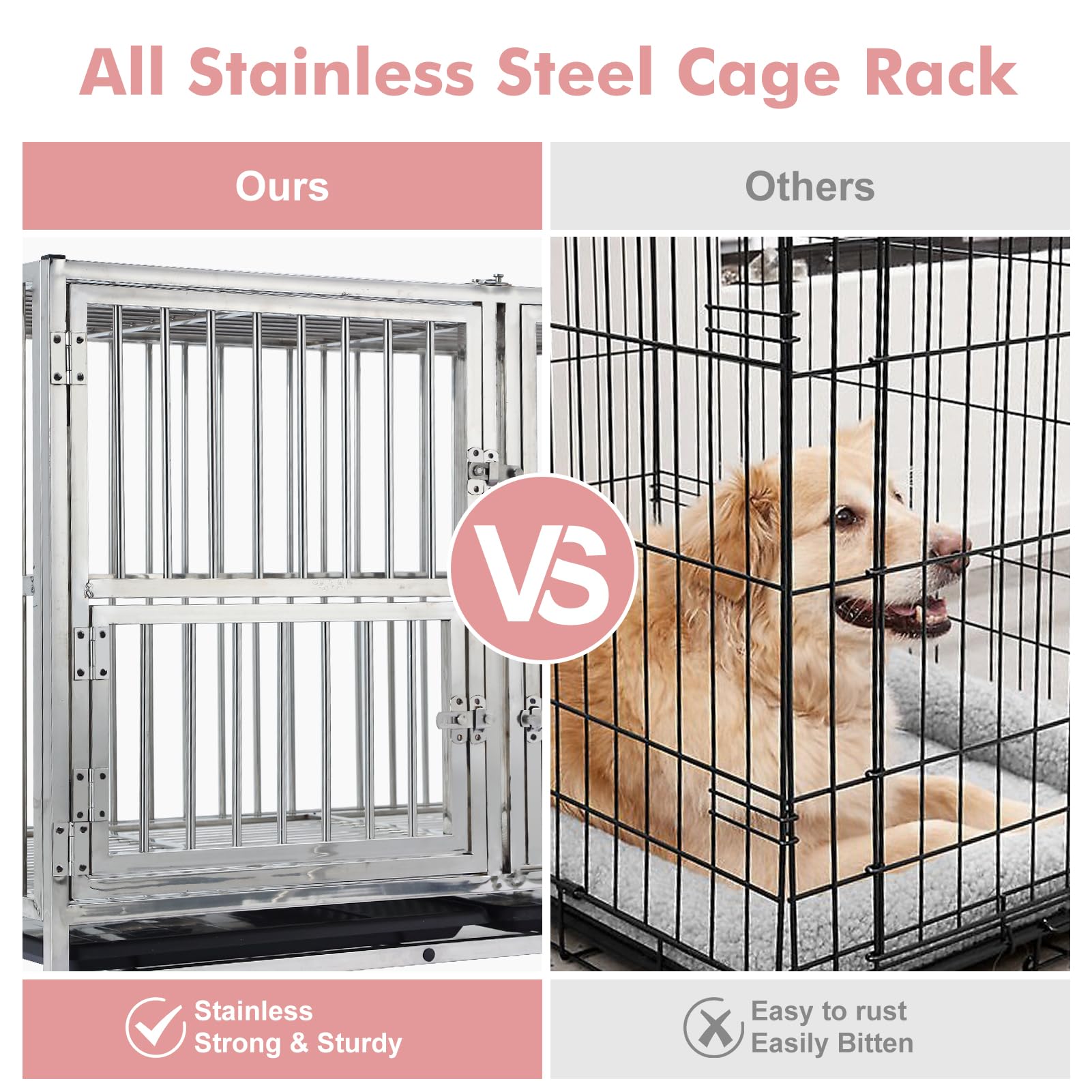 42" Heavy Duty Dog Crate Cage Kennel with Wheels, Full Stainless Steel High Anxiety Indestructible Dog Crate, Sturdy Locks Design, Double Door Small Door Design & Removable Tray Design (Silver)