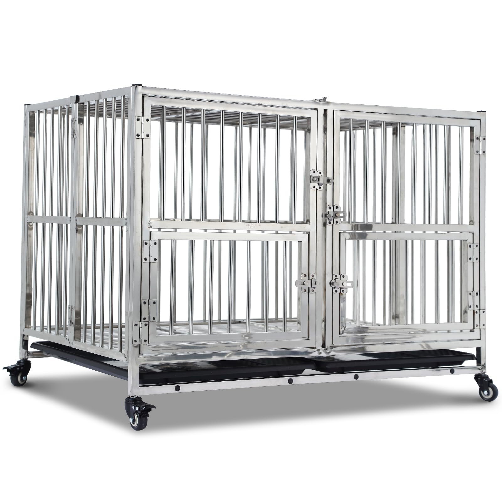 42" Heavy Duty Dog Crate Cage Kennel with Wheels, Full Stainless Steel High Anxiety Indestructible Dog Crate, Sturdy Locks Design, Double Door Small Door Design & Removable Tray Design (Silver)