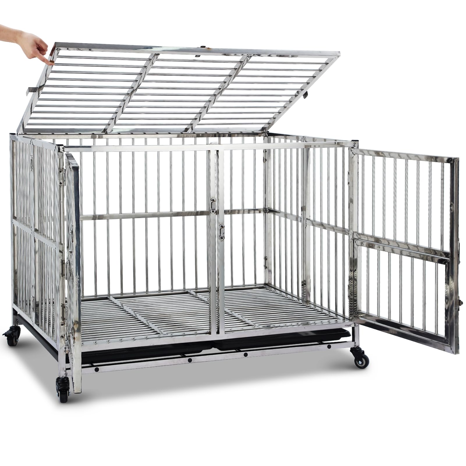 42" Heavy Duty Dog Crate Cage Kennel with Wheels, Full Stainless Steel High Anxiety Indestructible Dog Crate, Sturdy Locks Design, Double Door Small Door Design & Removable Tray Design (Silver)