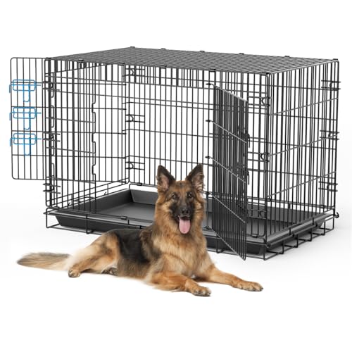 48 Inch Dog Crates for Large Dogs with PP Leak-Proof Dog Pan,XL Double Door Folding Metal Pet Crate with 3 pcs Slide Bolt Latch,Animal Cage Indoor Outdoor Dog Kennel