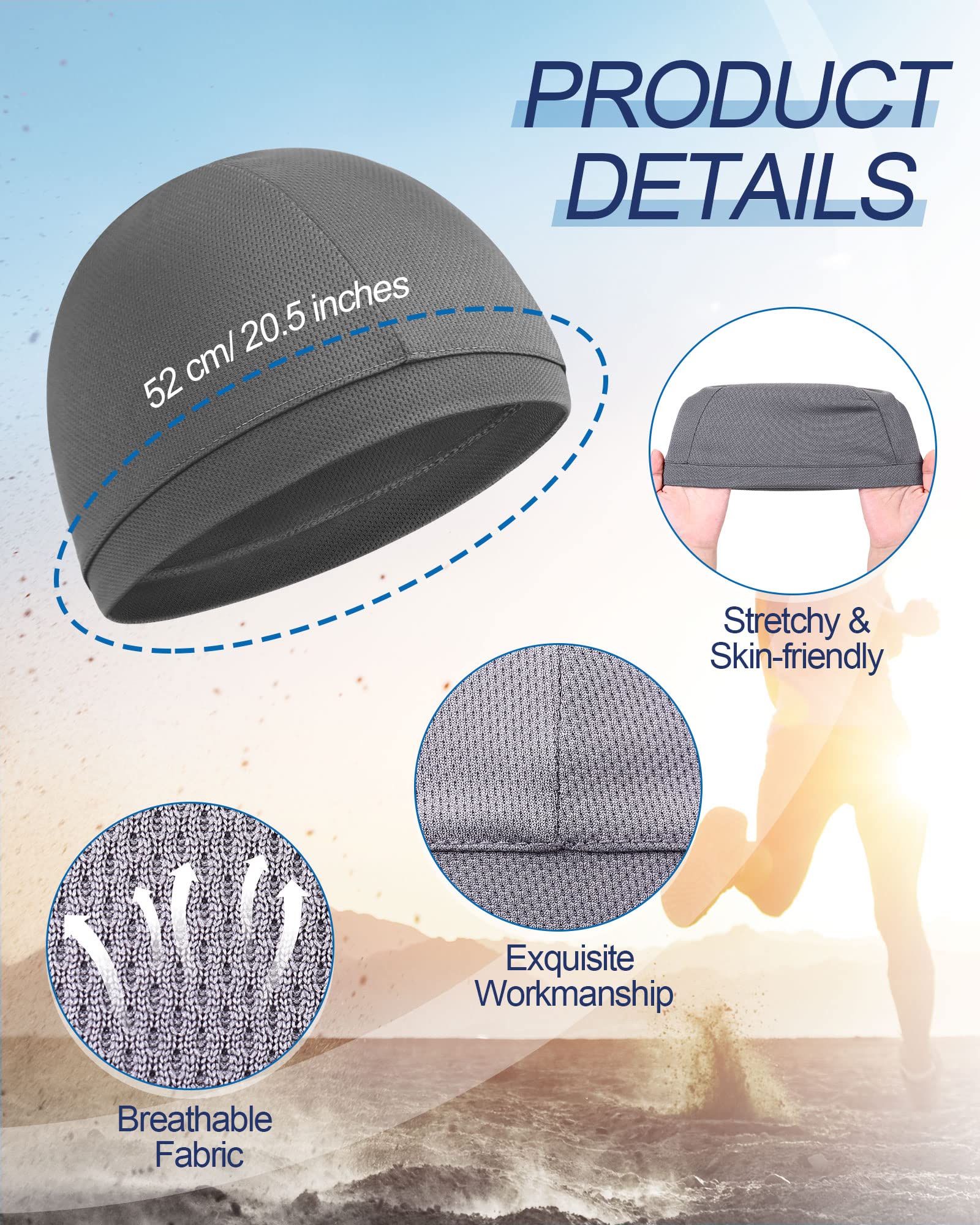 9 Pcs Cooling Skull Cap Camo Liner Sweat Wicking Lightweight Cycling Cap Running Head hat for Men Women(Solid Style)