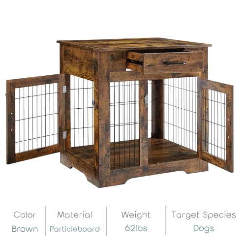 DOSSMBOLA 30'' Medium Dog Crate Furniture for Medium Small Dogs, Wooden Dog Kennel Dog Crate with Storage Drawer, End Table Dog Cage - Brown