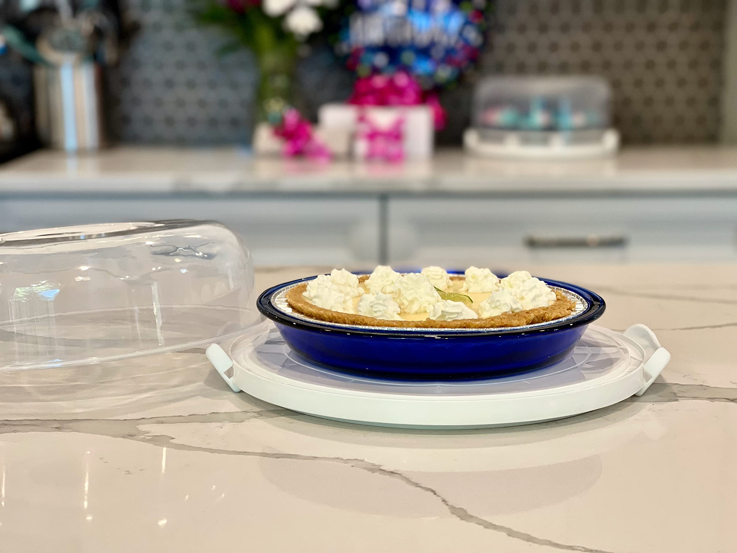 Top Shelf Elements Pie, Cake, Cheesecake Carrier for up to 10 in x 4 1/2 in cake. Two Sided Fashionable Stand Doubles as Five Section Serving Tray Perfect Taker Caddie for Travel (White)
