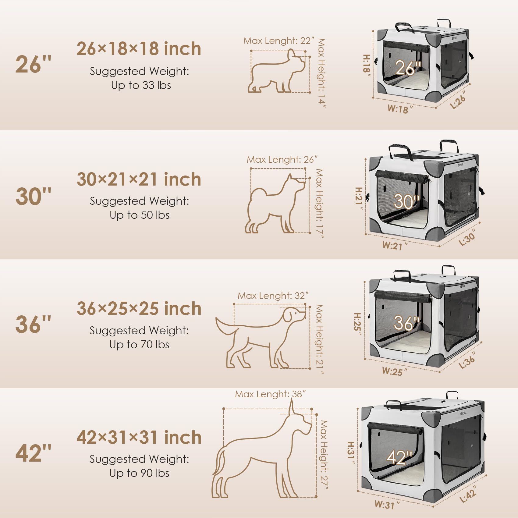 EHEYCIGA Portable Dog Travel Crate 36 Inches, Collapsible Dog Crate for Large Dogs, Soft Foldable Dog Kennel with 4-Door Mesh Windows Indoor & Outside, Grey