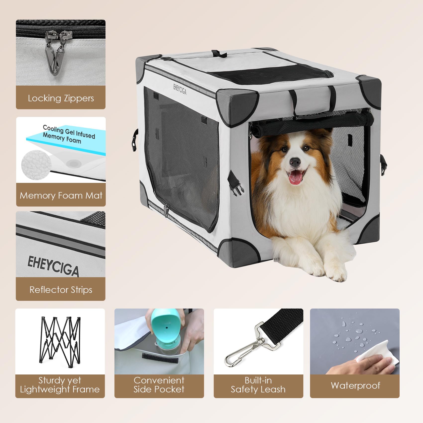 EHEYCIGA Portable Dog Travel Crate 36 Inches, Collapsible Dog Crate for Large Dogs, Soft Foldable Dog Kennel with 4-Door Mesh Windows Indoor & Outside, Grey