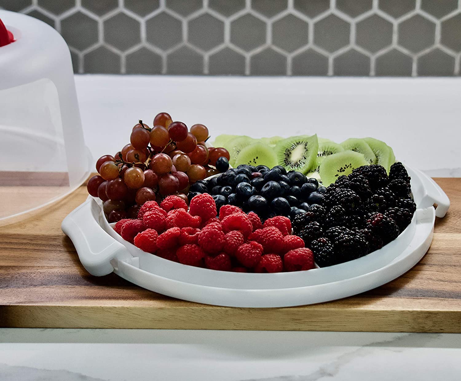 Top Shelf Elements Pie, Cake, Cheesecake Carrier for up to 10 in x 4 1/2 in cake. Two Sided Fashionable Stand Doubles as Five Section Serving Tray Perfect Taker Caddie for Travel (White)