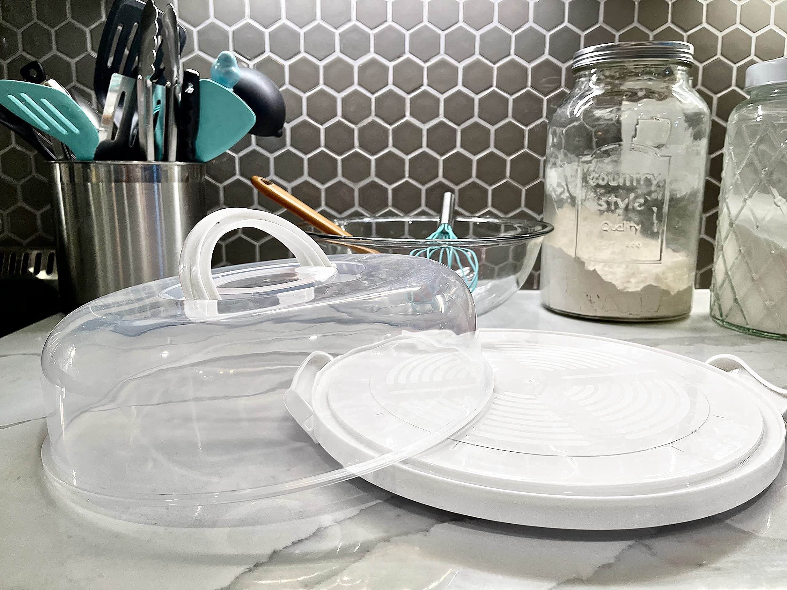 Top Shelf Elements Pie, Cake, Cheesecake Carrier for up to 10 in x 4 1/2 in cake. Two Sided Fashionable Stand Doubles as Five Section Serving Tray Perfect Taker Caddie for Travel (White)