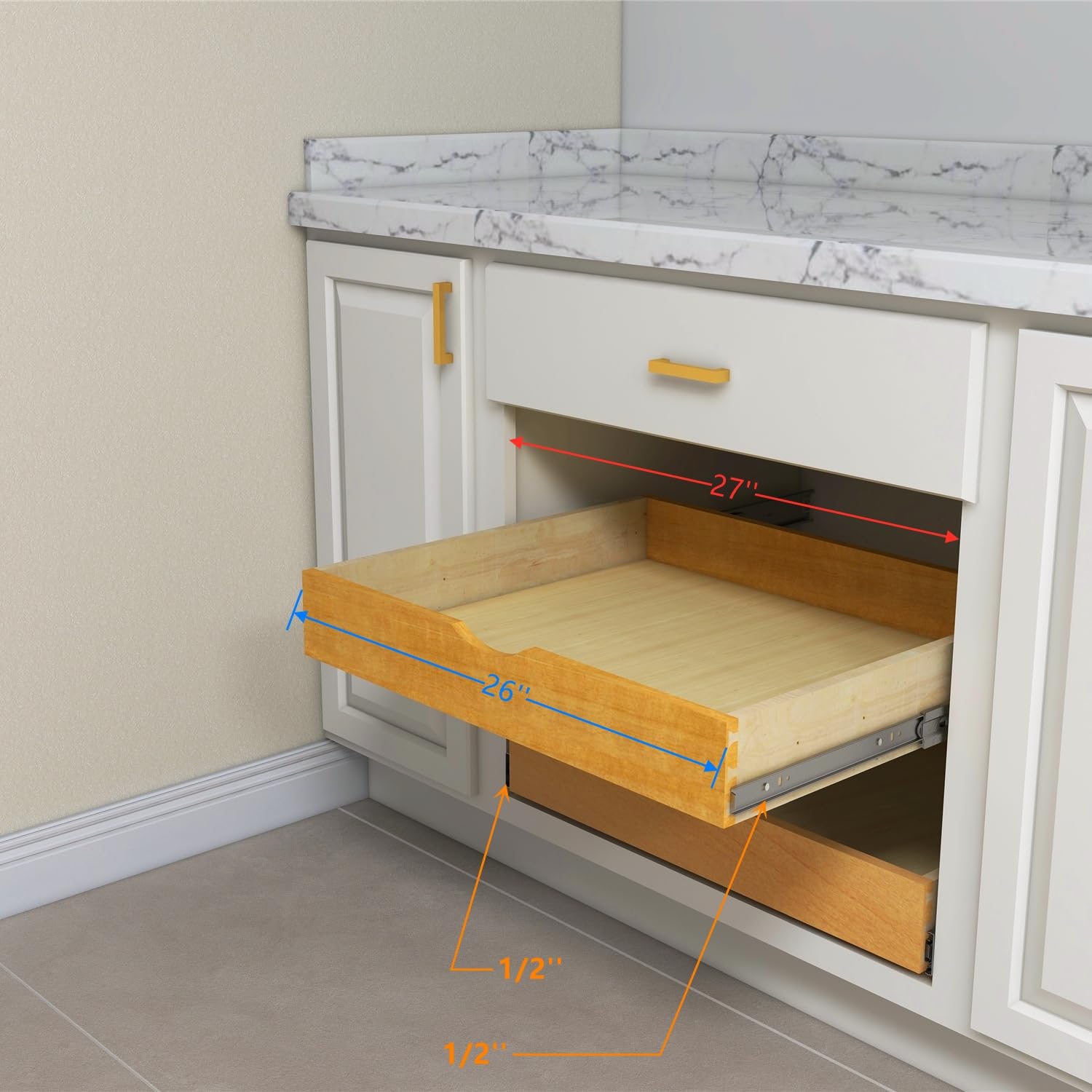 26'' Width Drawer Roll Wood Tray Drawer Box Kitchen Organizer Cabinet Slide Out Shelve, Pull-Out Shelf, Pantry Organization & Storage w/ Sliders-- DIY Project (Fits RTA Face Frame B30 and Pantry30)