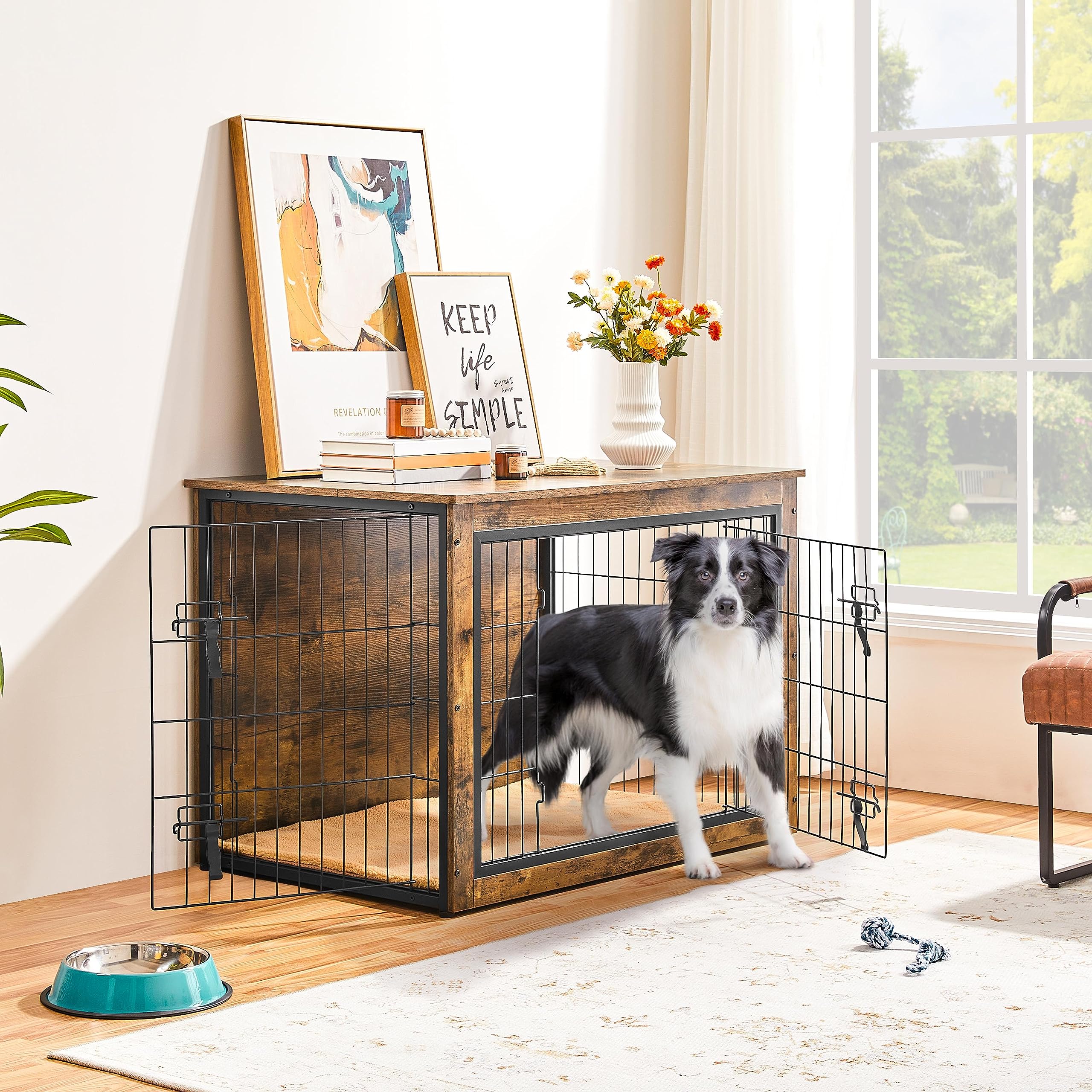 Yaheetech 40'' Dog Crate Furniture with Cushion Set of 2, Wooden Dog Crate with Double Doors/Adjustable Feet Side End Table for Medium-Sized Dogs