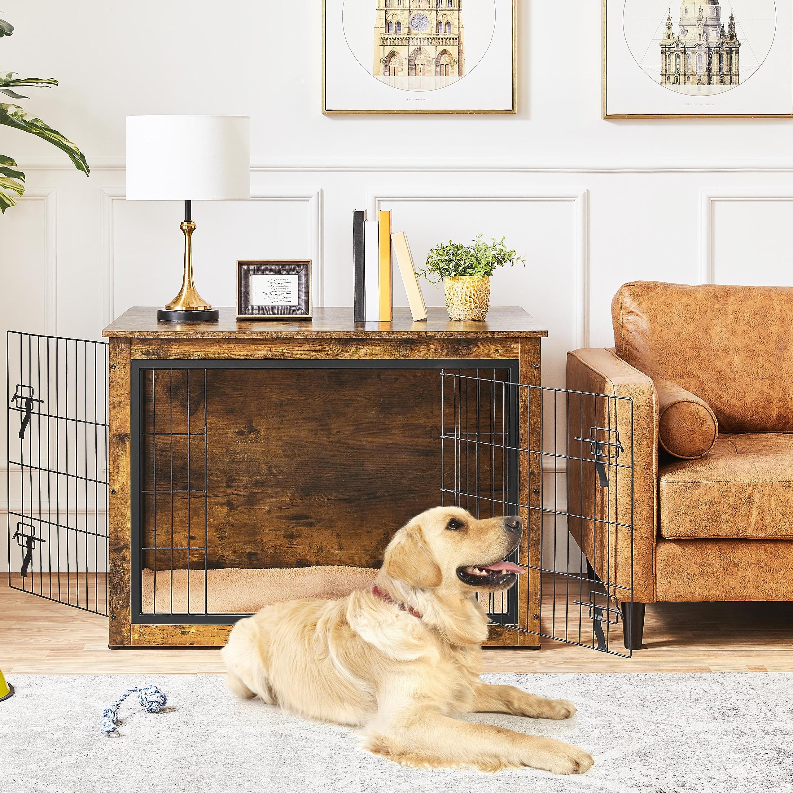 Yaheetech 40'' Dog Crate Furniture with Cushion Set of 2, Wooden Dog Crate with Double Doors/Adjustable Feet Side End Table for Medium-Sized Dogs