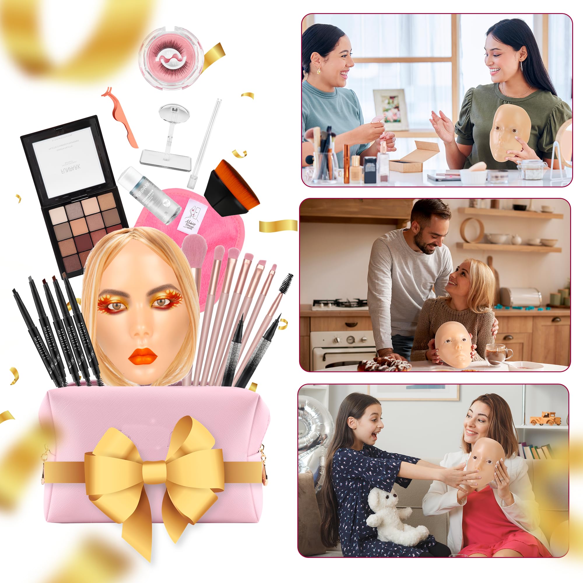 Glinexa 3D 5D Makeup Practice Kit, Reusable Silicone Makeup Mannequin Face for Students and Beginners, Comes With Brushes Set & Dual Head Eyebrow Pencils & Eyeliners & Eyelash Pair