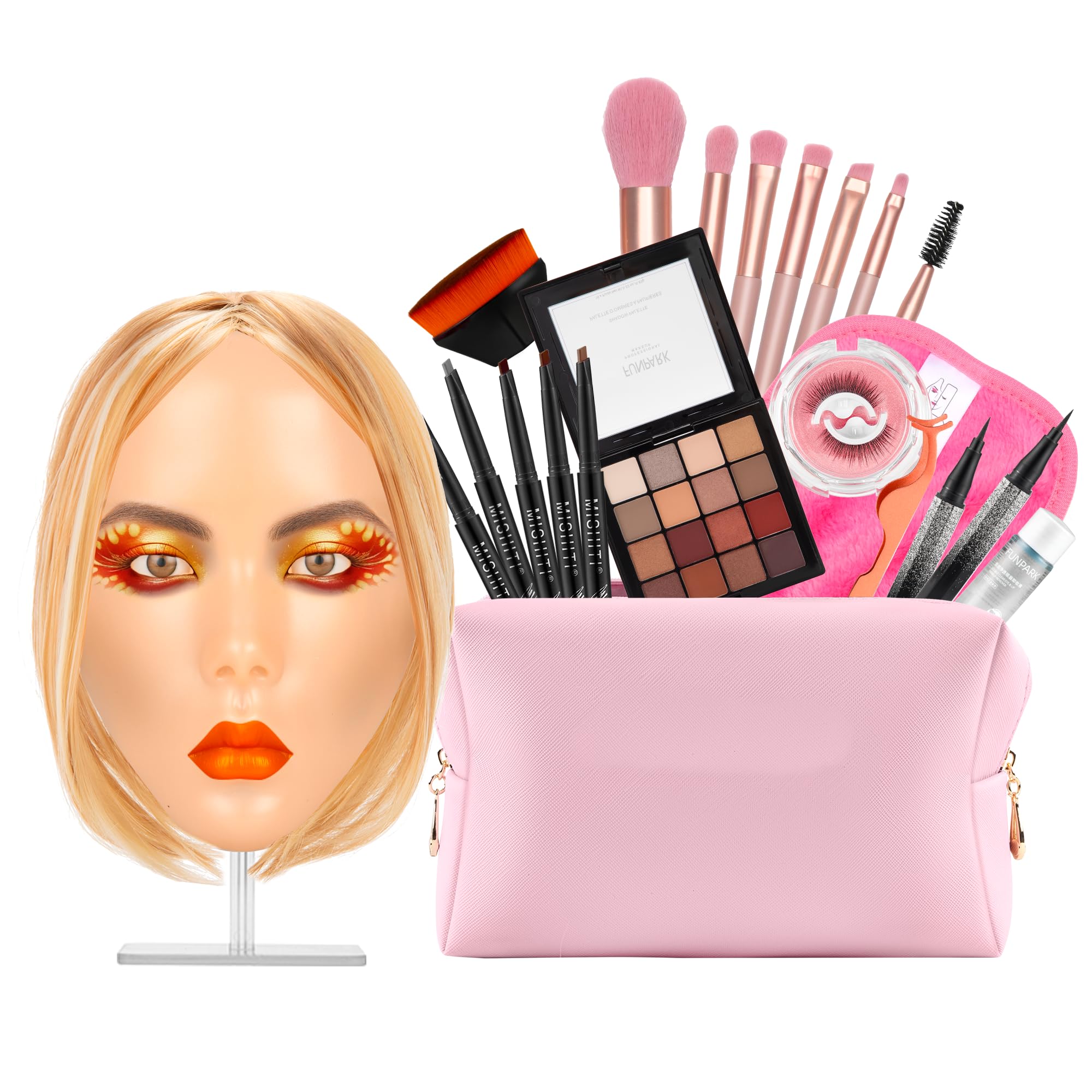 Glinexa 3D 5D Makeup Practice Kit, Reusable Silicone Makeup Mannequin Face for Students and Beginners, Comes With Brushes Set & Dual Head Eyebrow Pencils & Eyeliners & Eyelash Pair