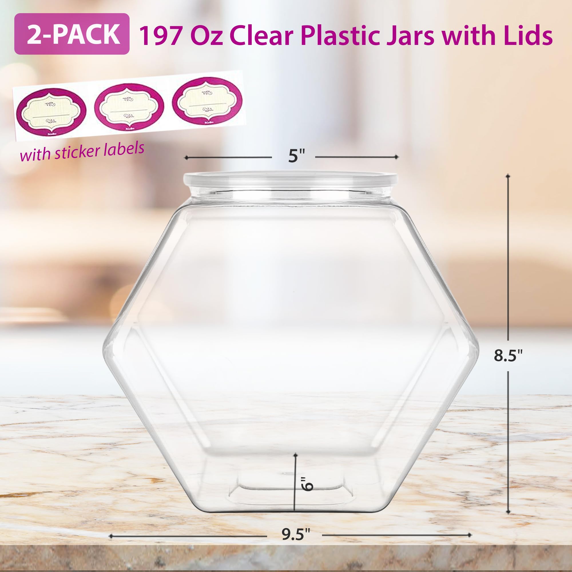 DilaBee Plastic Cookie Jars with Airtight Lids - 2 Pack - Clear Plastic Candy Jars for Candy Buffet, Kitchen Counter, Hexagon Food Storage Containers - 197oz