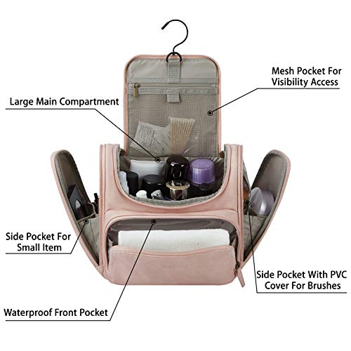 BAGSMART Hanging Toiletry Bag, Water-resistant Leather Dopp Kit, Large Travel Organizer for Full Sized Container, Nude Pink