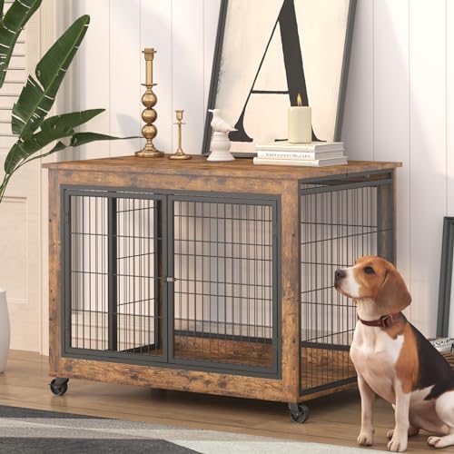 FULUWT Dog Crate Furniture, Indoor Dog Kennel Furniture for Dogs, Dog Crate with Double Doors, Decorative Pet House for Small/Medium/Large Dogs. (Rustic Brown, 38.58'' L x 25.2'' W x 27.17'' H)