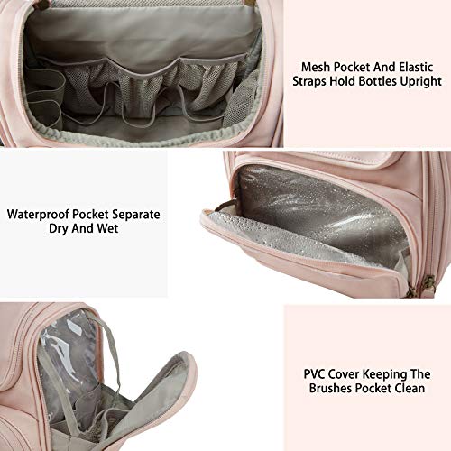 BAGSMART Hanging Toiletry Bag, Water-resistant Leather Dopp Kit, Large Travel Organizer for Full Sized Container, Nude Pink