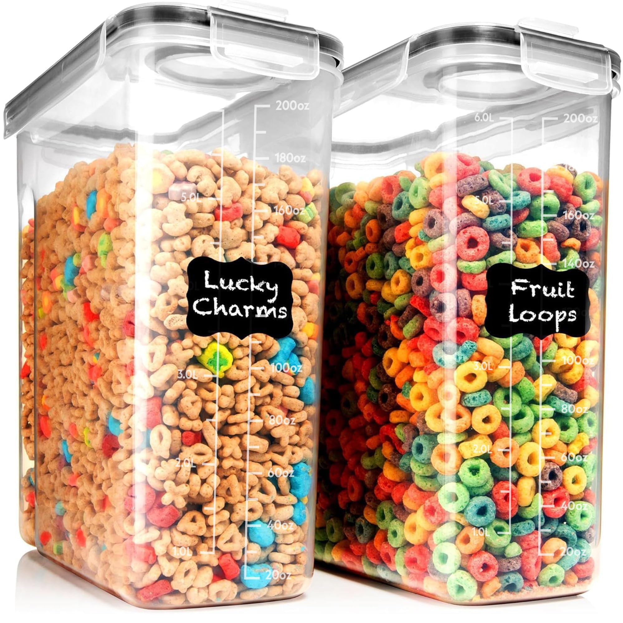 Shazo 2PC 6.3L /213OZ EXTRA Large Airtight Food Storage Cereal Containers for Bulk Food Storage BPA-Free Plastic Cereal Container with Labels & pen Pantry Organization and Storage Canister for Rice, Pasta, Sugar & Flour