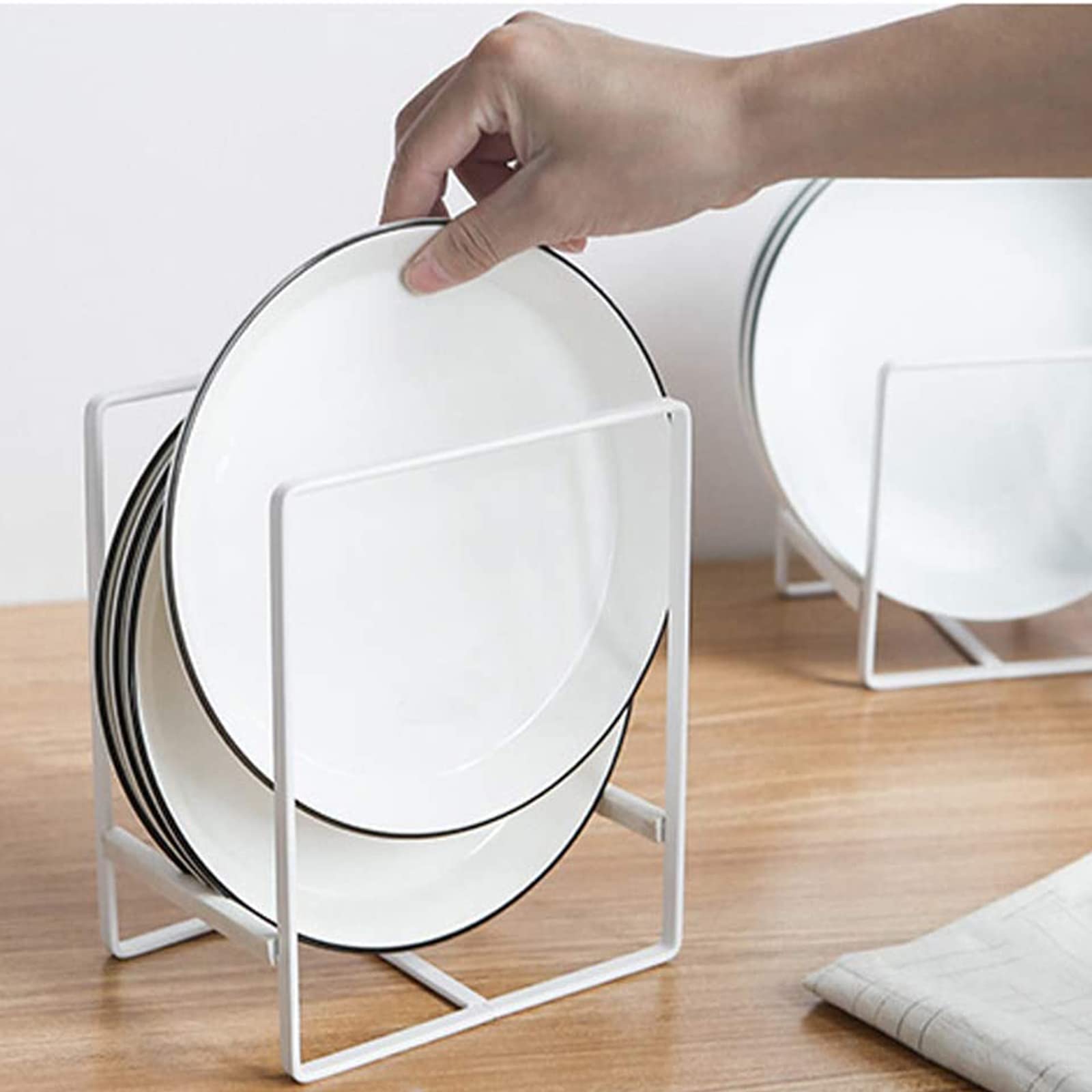 HighFree 2PCS Metal Vertical Plate Dish Holder Rack, White Vertical Plate Organizer for Kitchen Cabinets for RV Kitchen Cabinets Counter (L & S)