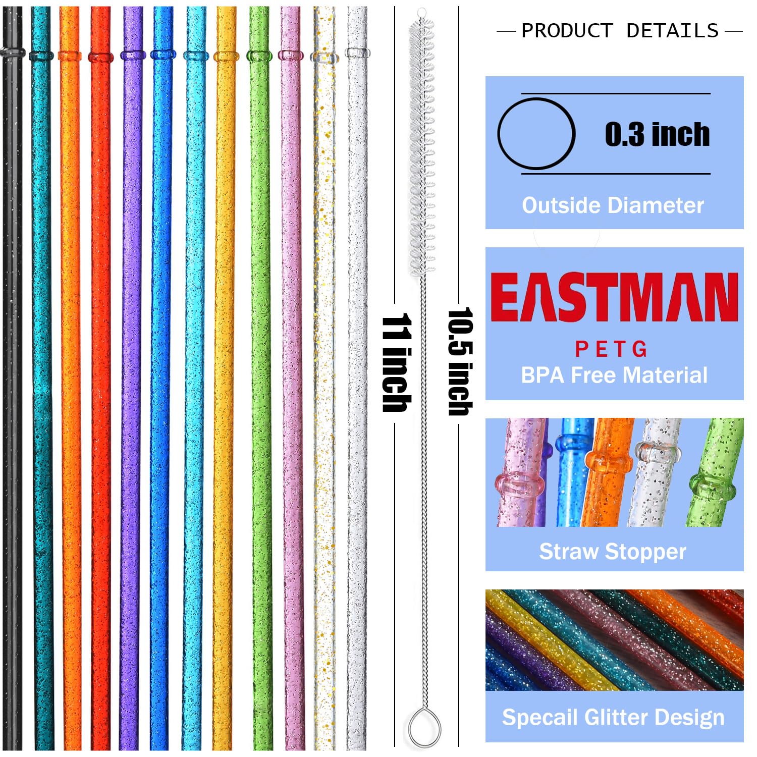 ALINK 12-Pack Glitter Reusable Clear Plastic Straws, 11" Long Hard Tumbler Drinking Straws with Cleaning Brush (10 Colors)