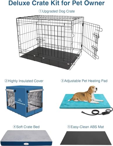 Heated Dog House for Outdoor, Dog Crate Kit for Small Medium Intermediate Dogs, 2 Doors Heavy-Duty Dog Kennel Value Pack with Insulated Crate Cover & Bed & Adjustable Pet Heating Pad (36 Inch Kit)