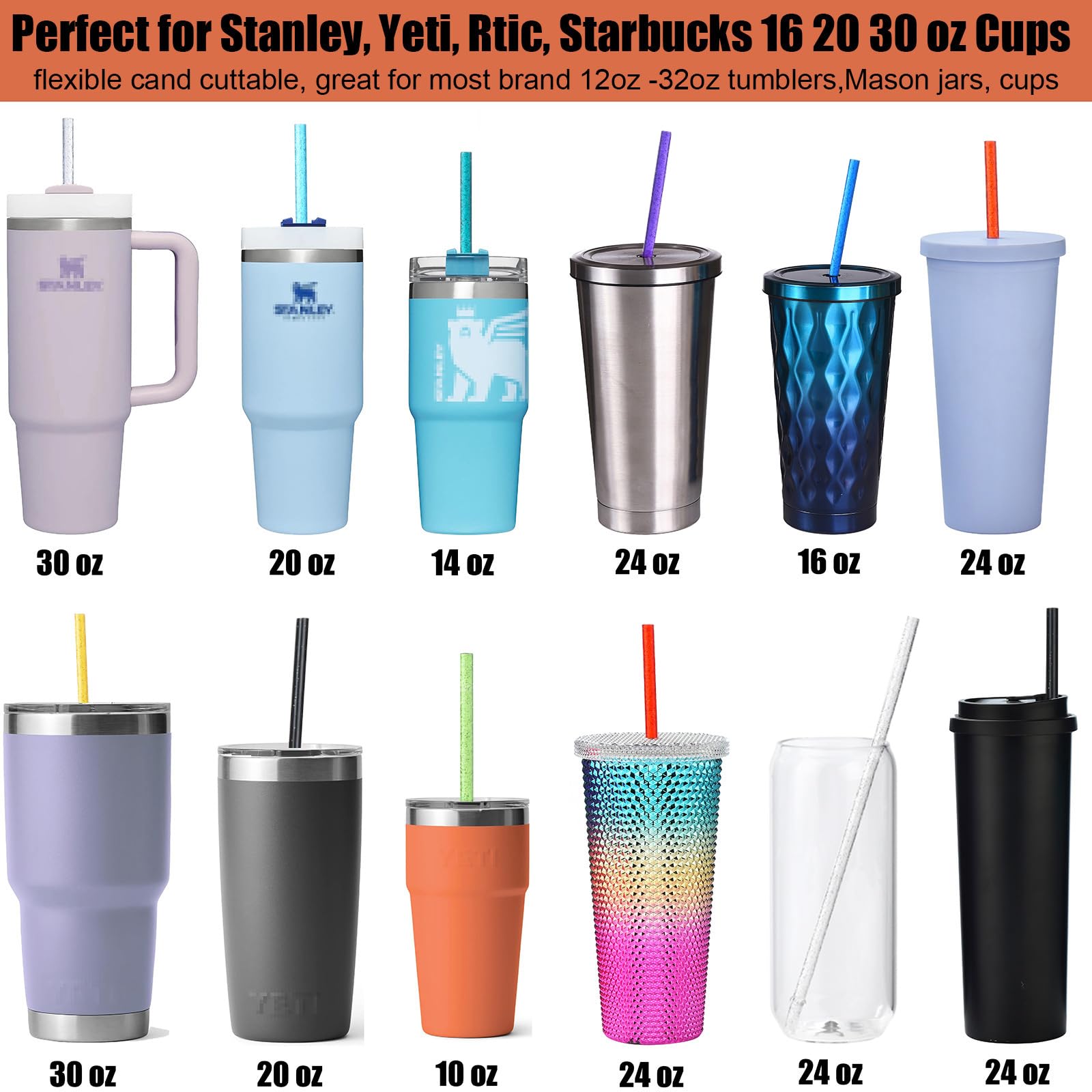 ALINK 12-Pack Glitter Reusable Clear Plastic Straws, 11" Long Hard Tumbler Drinking Straws with Cleaning Brush (10 Colors)