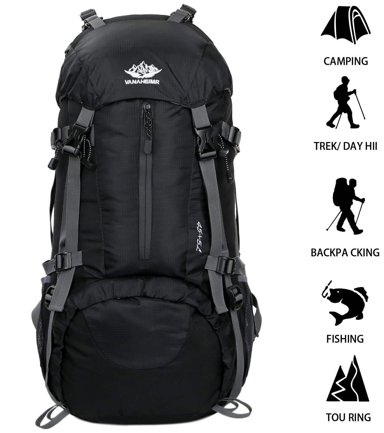 Hiking Backpack, Esup 50L Multipurpose Mountaineering Backpack with rain cover 45l+5l Travel Camping Backpack, Suitable for Climbing Skiing Outdoor Sport(Black-50L)