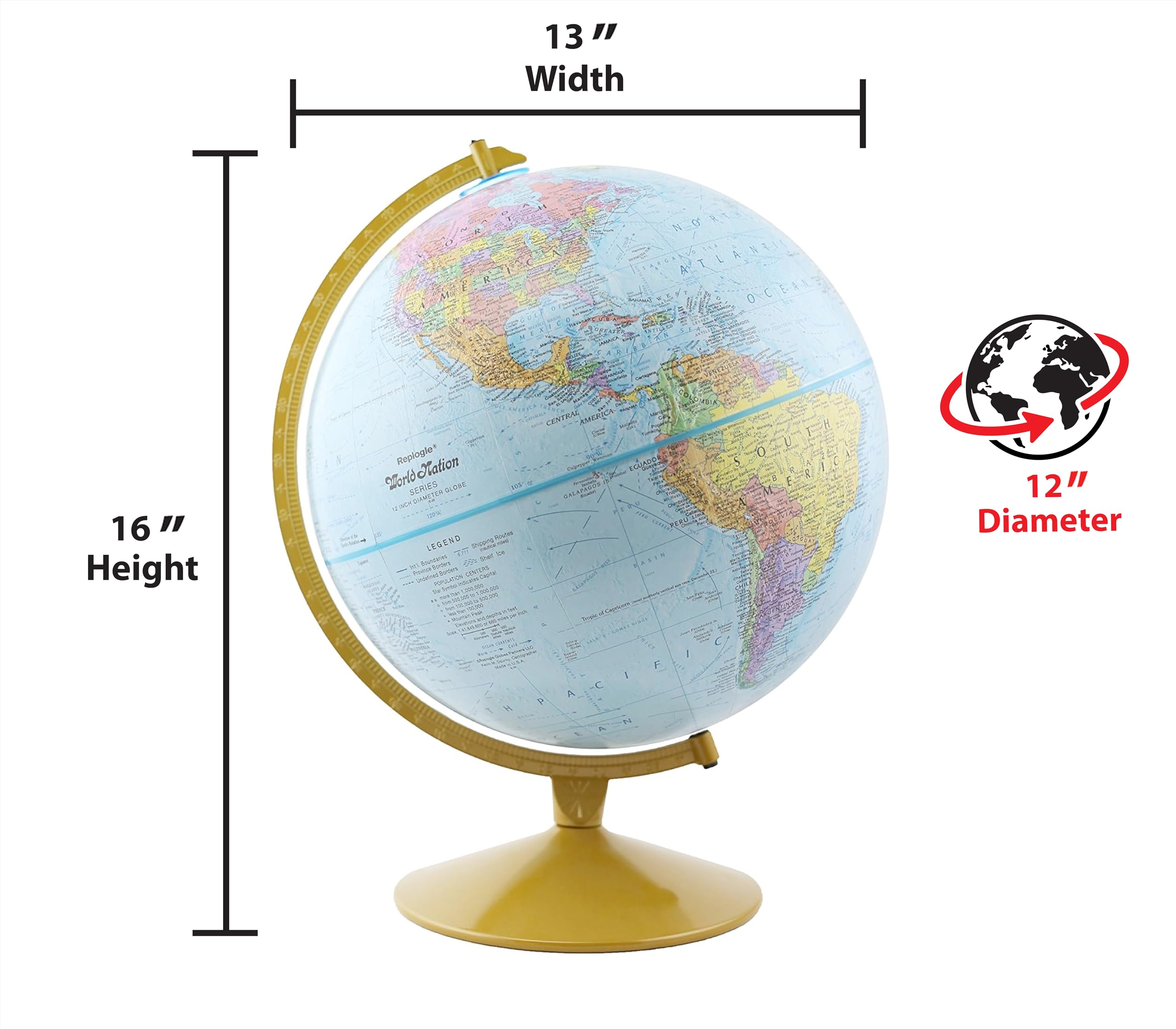 Replogle Explorer World Blue Ocean Globe, Desktop, 12" diameter, Up-to-Date Cartography, Raised Relief, Educational, perfect for Students of all ages