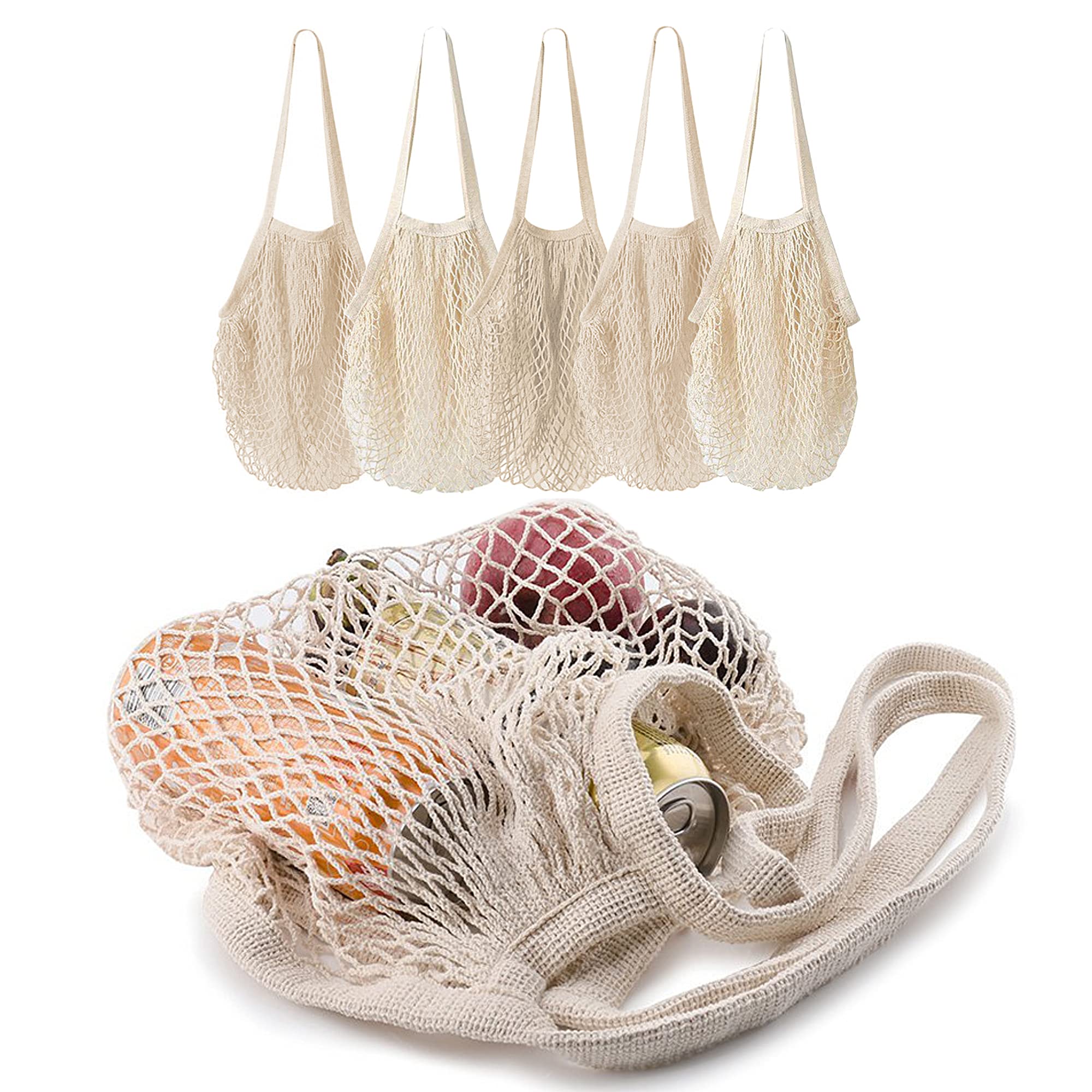 5 pack Cotton String Shopping Bags Reusable Washable Grocery Mesh Bags Organizer for Grocery Shopping Produce Net Bags with Longhandle for Fruit Vegetable Storage