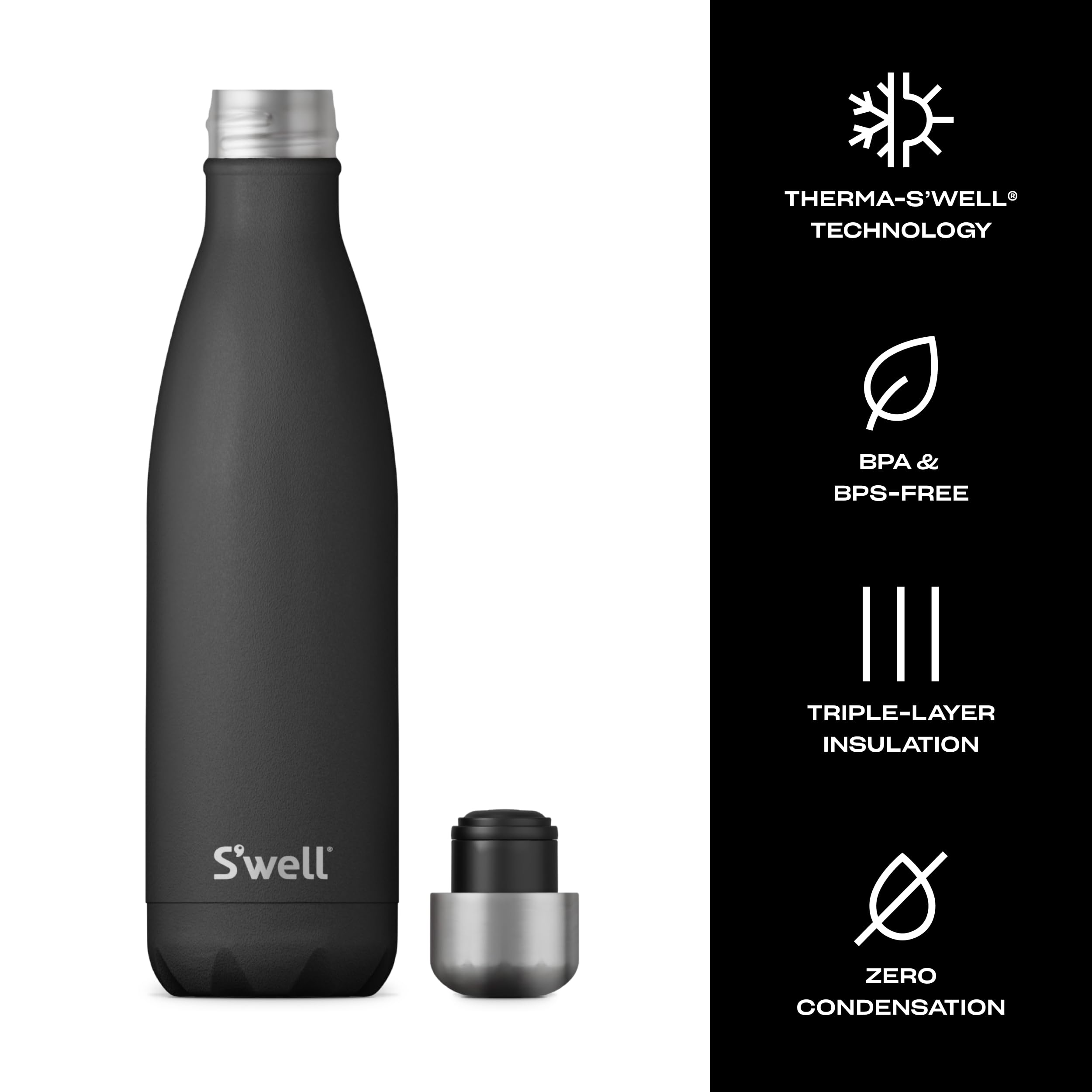 S'well Stainless Steel Water Bottle - 17 Fl Oz - Onyx - Triple-Layered Vacuum-Insulated Containers Keeps Drinks Cold for 36 Hours and Hot for 18 - BPA-Free - Perfect for the Go