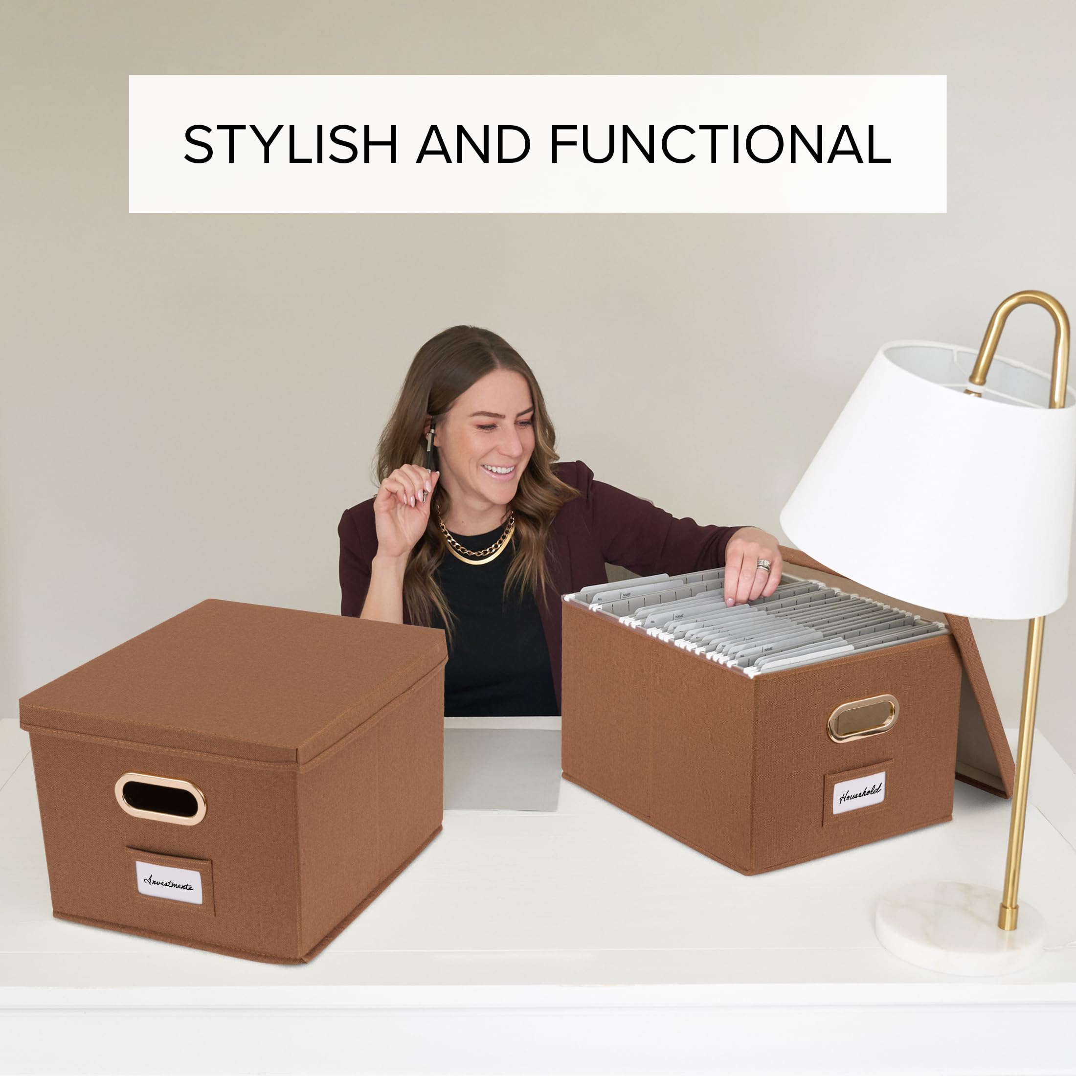 Decorative File Box Organizer Set of 2 - Collapsible Linen File Cabinet for Easy File Folder Storage - Store All Your Documents and File Folders in Style