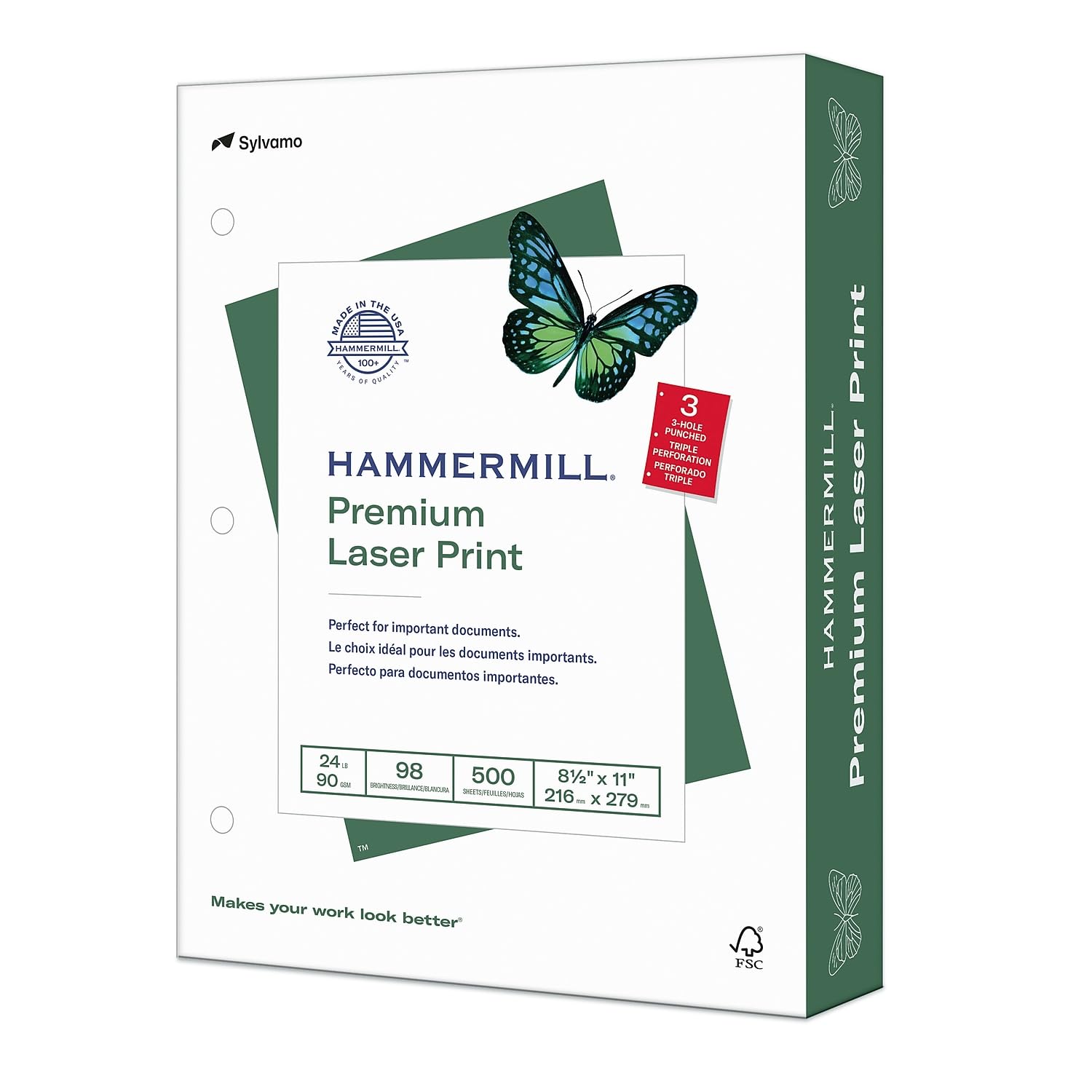 Hammermill Premium Laser Print 8.5-inch x 11-inch 3-Hole Punched Multipurpose Paper, 24 lbs., 98 Brightness, 500 Sheets/Ream (107681)