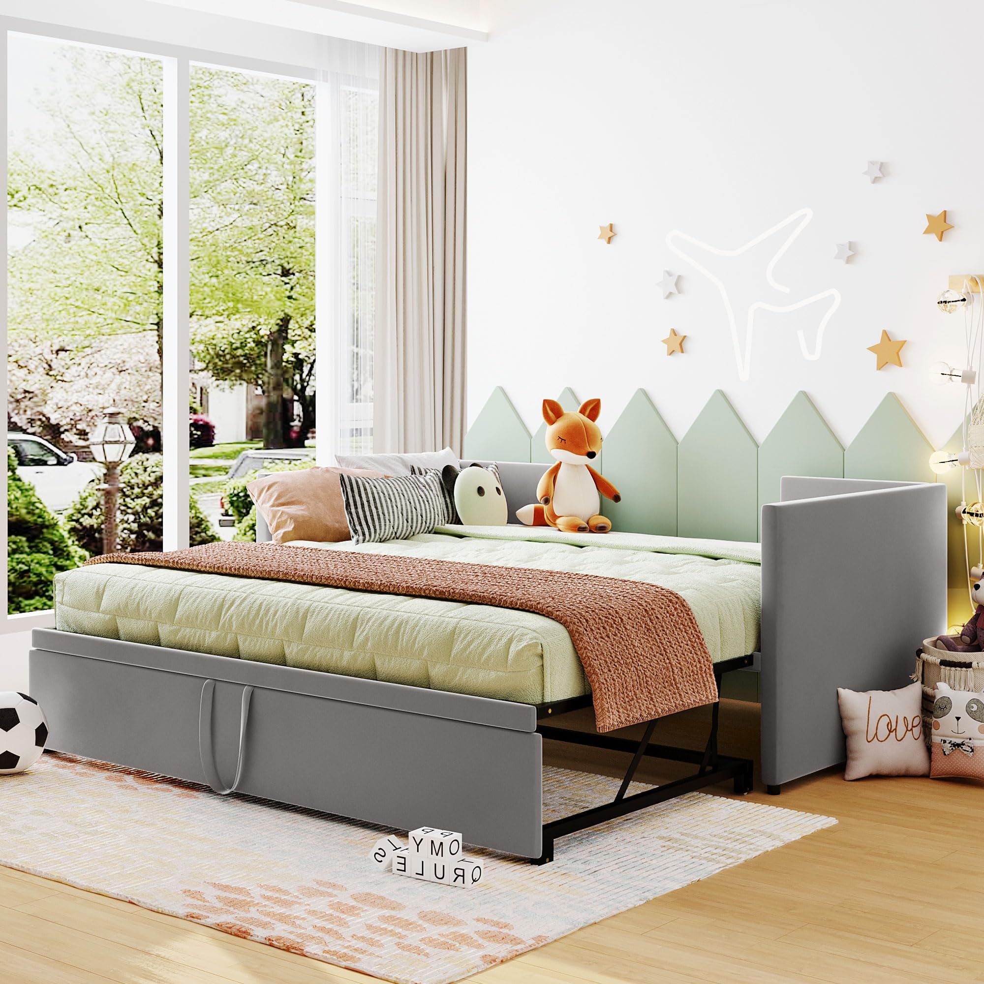 CITYLIGHT Velvet Extendable Daybed Frame Twin to King Design, Twin Daybed with Pop up Trundle, Upholstered Sofa Bed Daybed with Wood Slat Support for Bedroom, Living Room, Gray