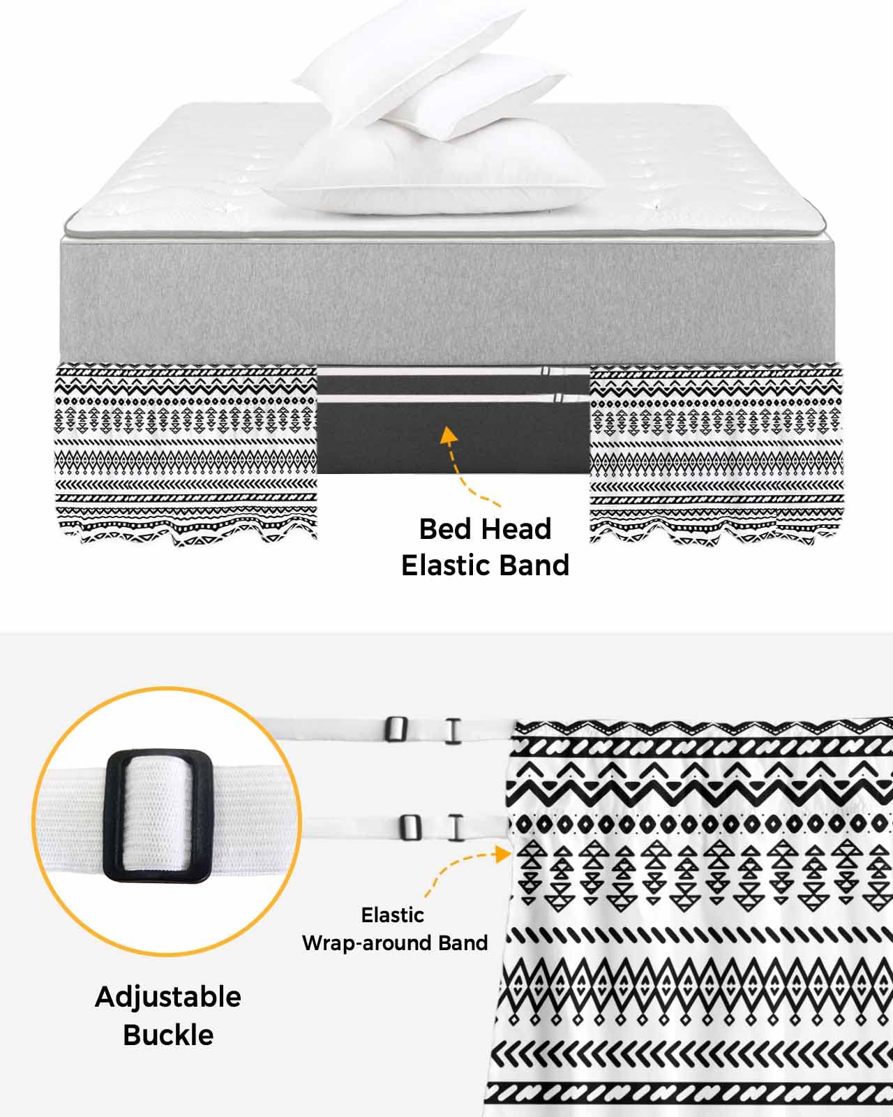 Bohemia Stripes Bed Skirt Cal King Size 18 Inch Drop, Adjustable & Elastic Wrap Around Bed Skirts Pleated Luxury Dust Ruffles for Twin Full Queen Cal King Base Bed, Modern Boho Geometric Black Lines