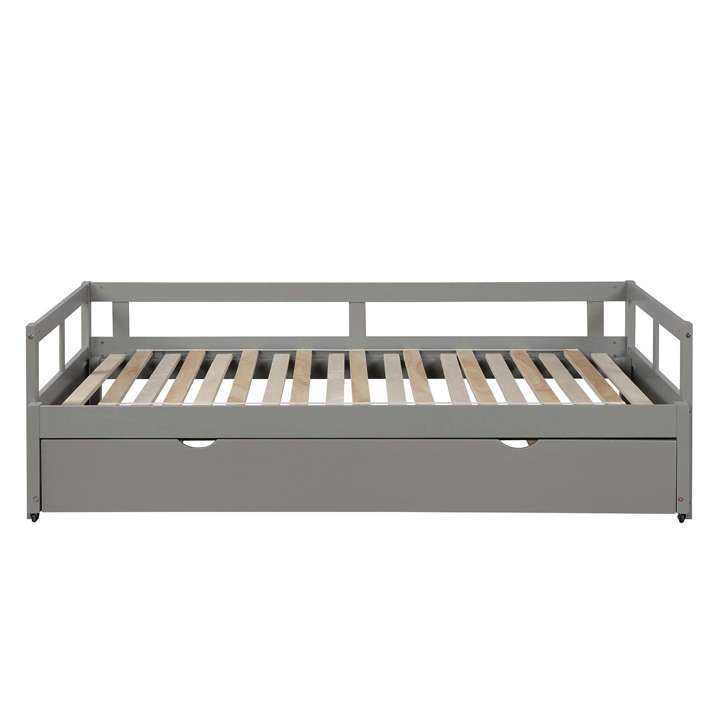 Zaboro Extendable Daybeds, Solid Wood Twin Size Bed Frame with Pull-Out Trundle Beds, Twin to King Design Extending Bed with Safe Guardrails for Living Room Bedroom, No Box Spring Required, Gray