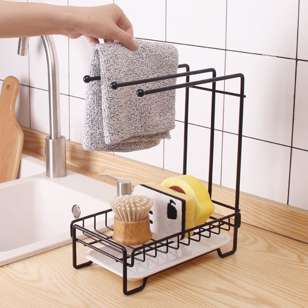 LUVADU ZCX Sink Organizer Sink Kitchen Towel Rack,Sponge Brush Holder with Drain Tray for Kitchen Bathroom Storage Soap Dispenser Organizer