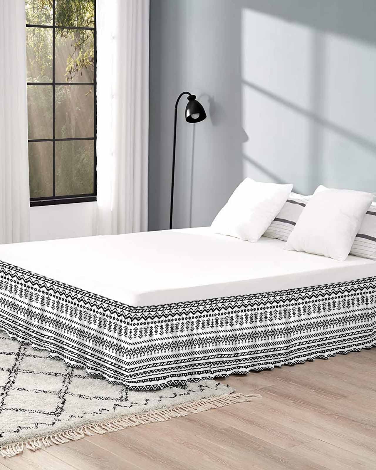 Bohemia Stripes Bed Skirt Cal King Size 18 Inch Drop, Adjustable & Elastic Wrap Around Bed Skirts Pleated Luxury Dust Ruffles for Twin Full Queen Cal King Base Bed, Modern Boho Geometric Black Lines